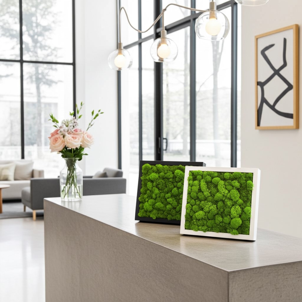Natural Reindeer Moss Wall Art - Moss painting 25x25 cm In Black Wooden ...